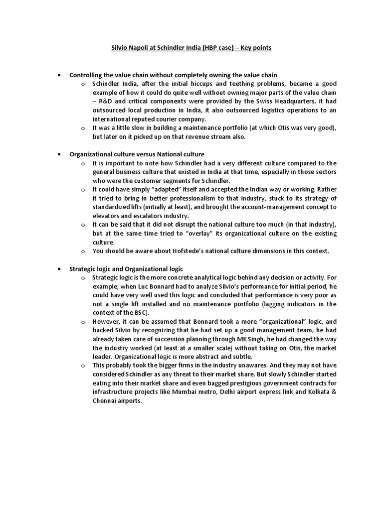 Silvio Napoli at Schindler India - Key Points | PDF | Strategic ...