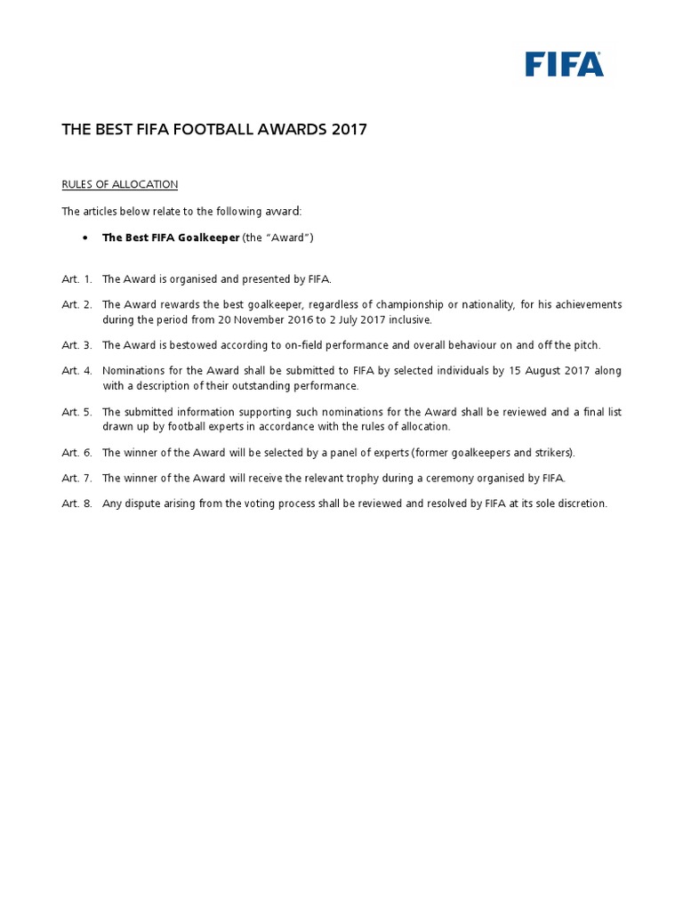 FIFA Best Goalkeeper Award Rules | PDF