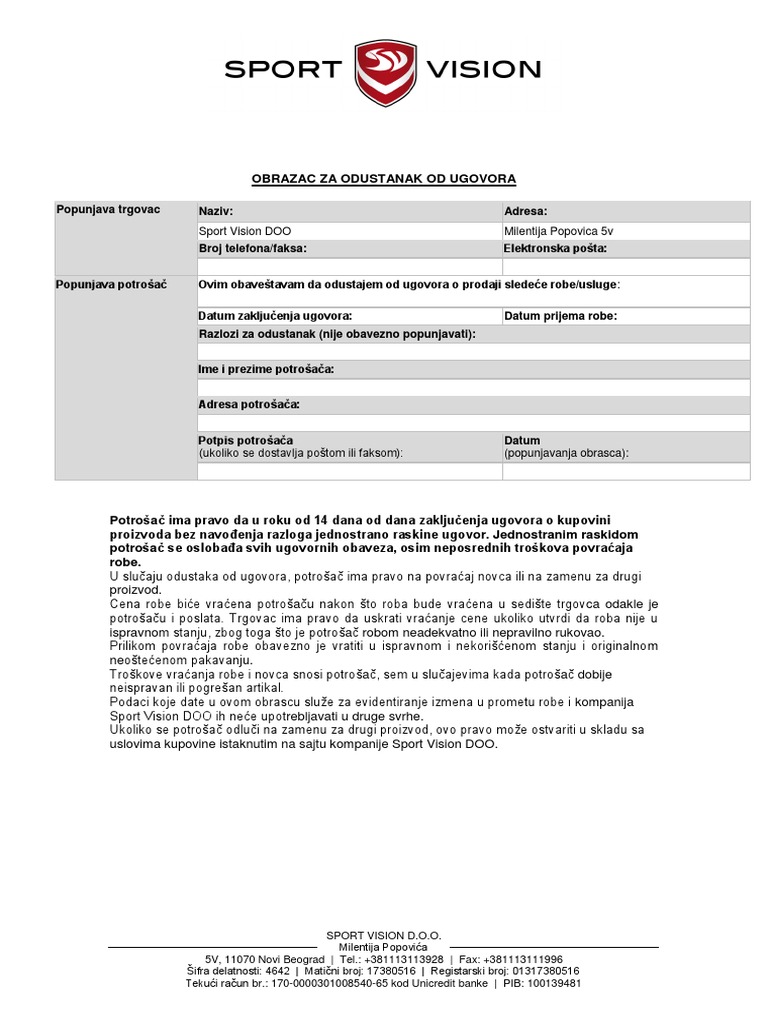 Obrazac o Odustanku Od Kupovine | PDF