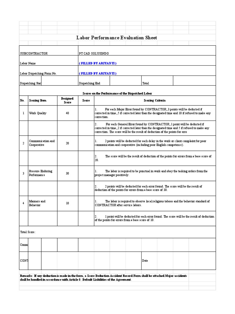 Labor Performance Evaluation Sheet | PDF | Business