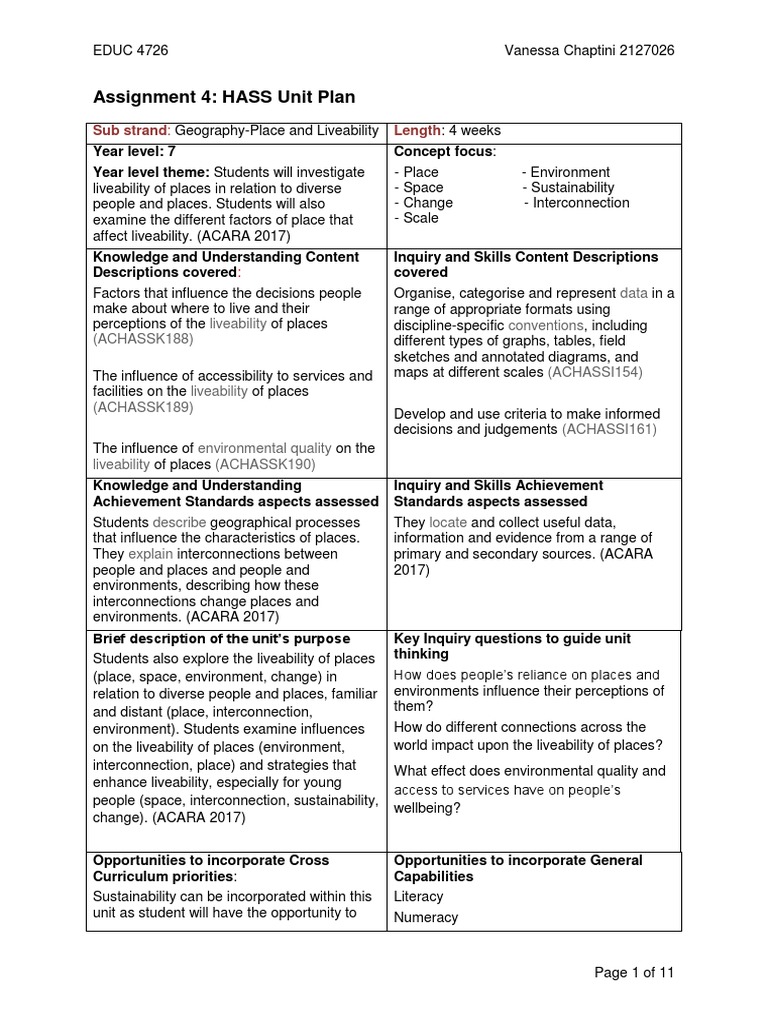 Year 7 Geography: Liveability Unit Plan | PDF | Educational Assessment ...