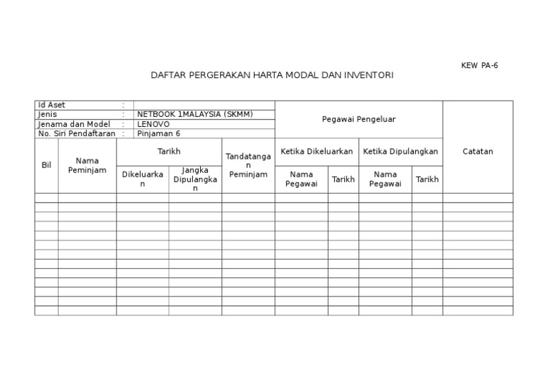 6.KEW - PA-6 (Daftar Pergerakan Harta Modal) | PDF