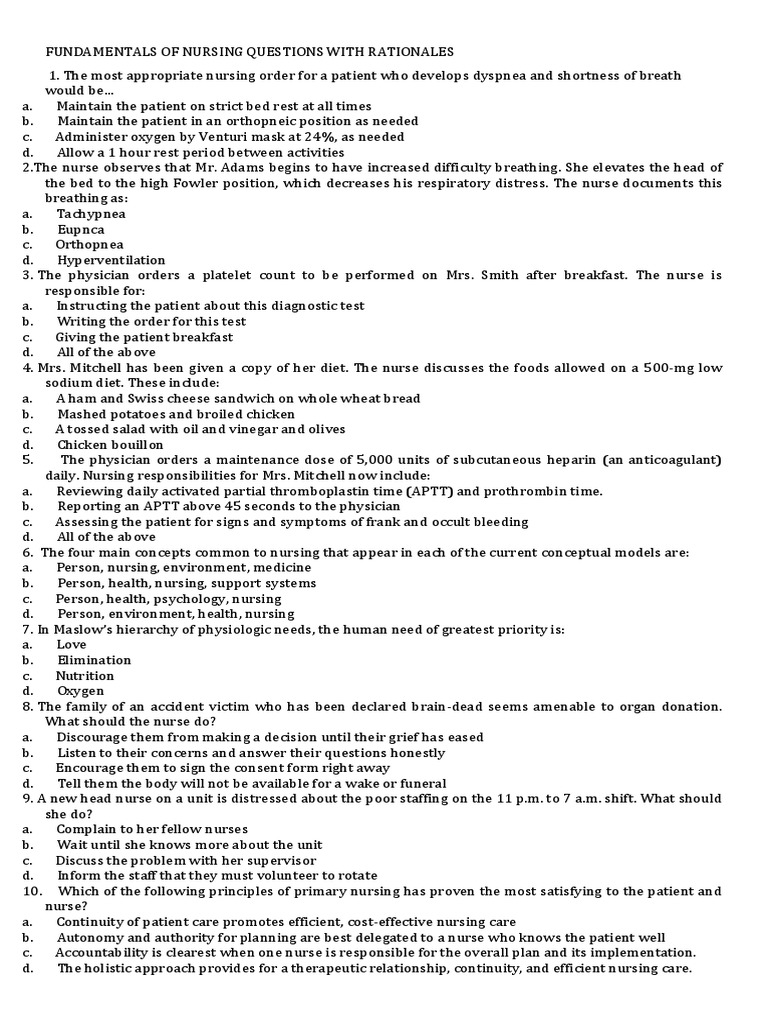 Fundamentals of Nursing Questions With Rationales | PDF | Chronic ...
