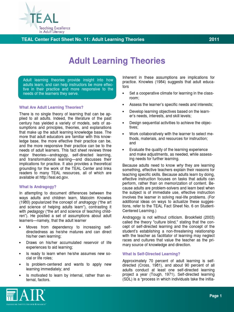 NTT - Module 6 - Fs 11 Teal Center Adult Learning Theory Fact Sheet Air ...