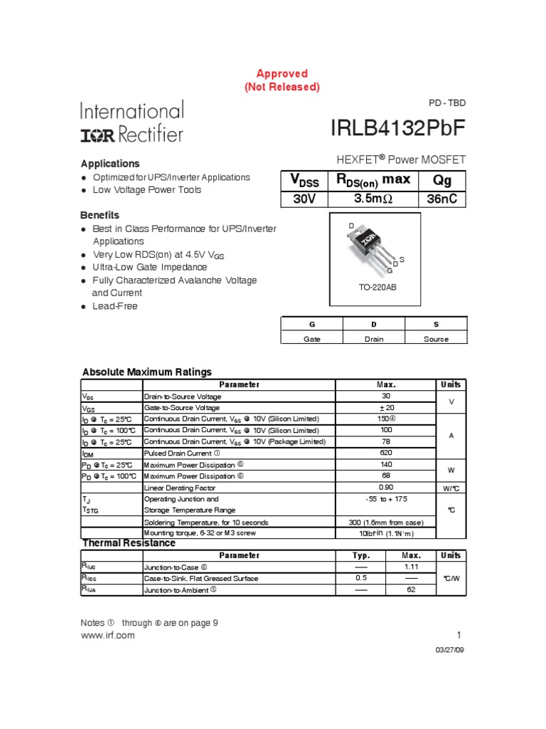 IRLB4132PbF International Rectifier | PDF | Field Effect Transistor ...