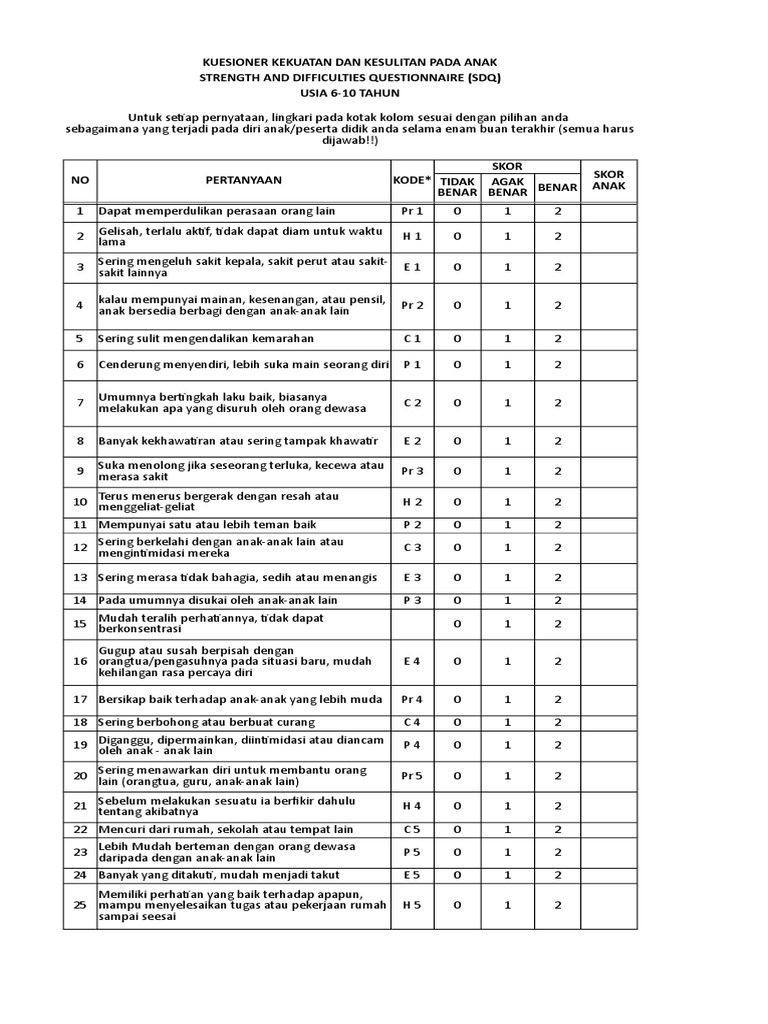 Kuesioner Mental Dan Intelegensia | PDF