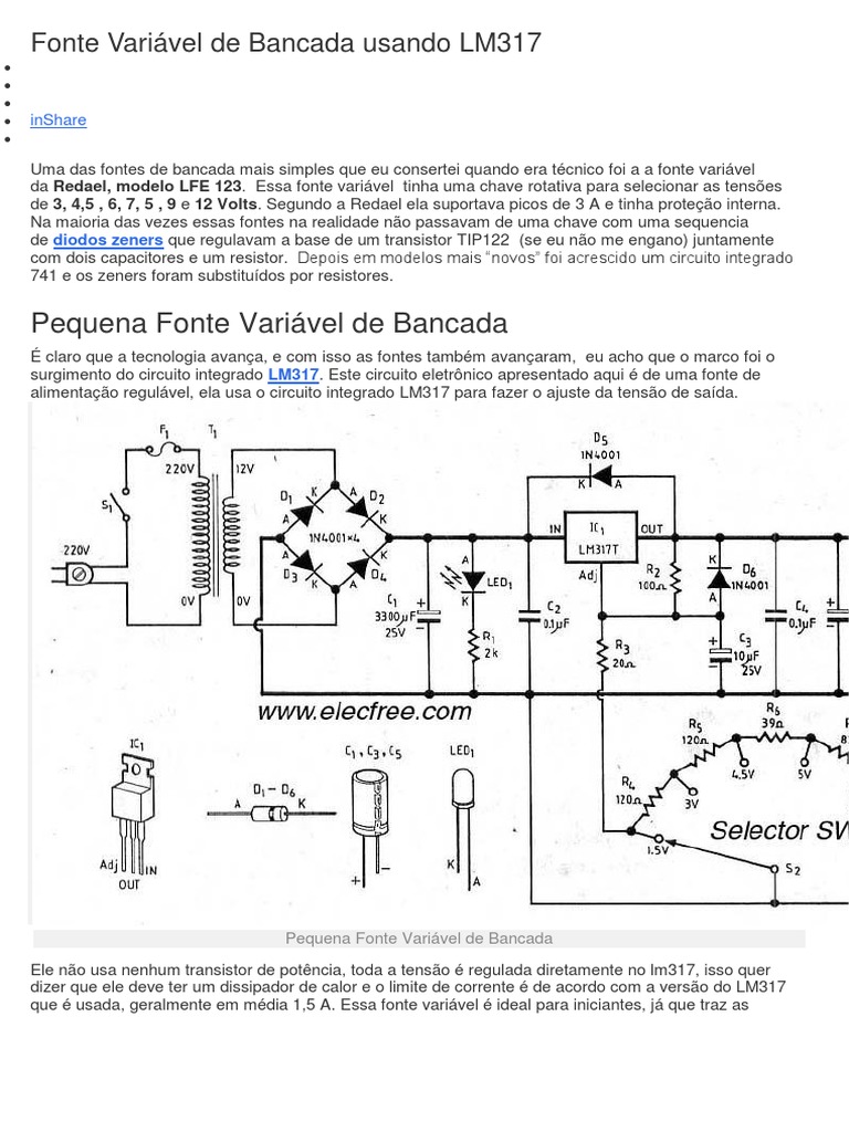 Fonte Variável de Bancada Usando LM317 | PDF | Rede elétrica | Diodo