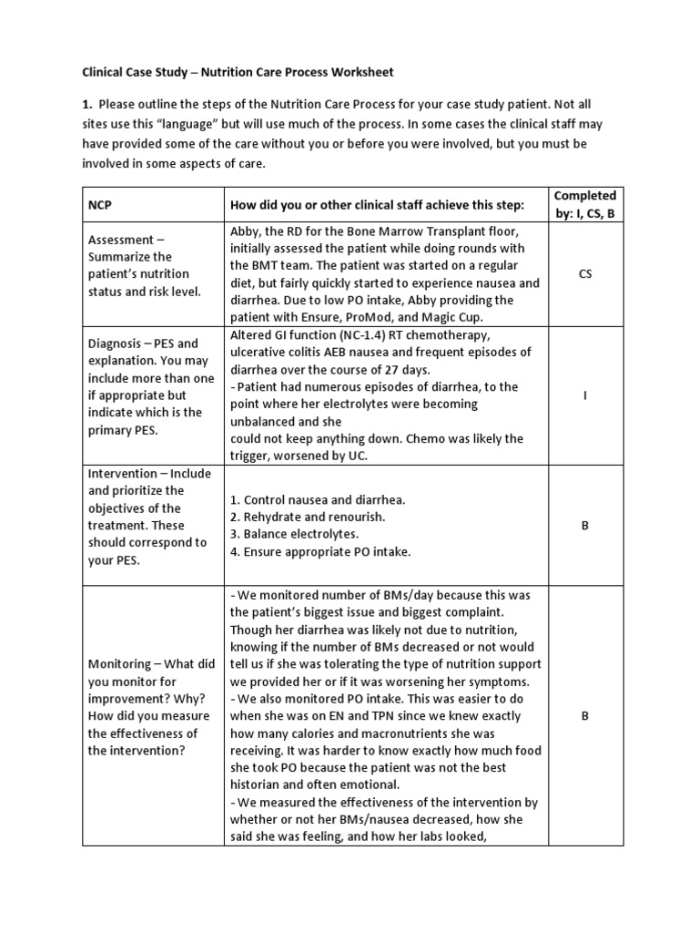Oconnor Clinical Case Study Worksheet | PDF | Nutrition | Diet & Nutrition