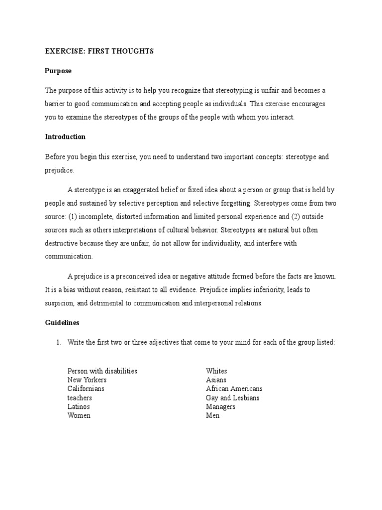 Exercise 1 | PDF | Stereotypes | Prejudices