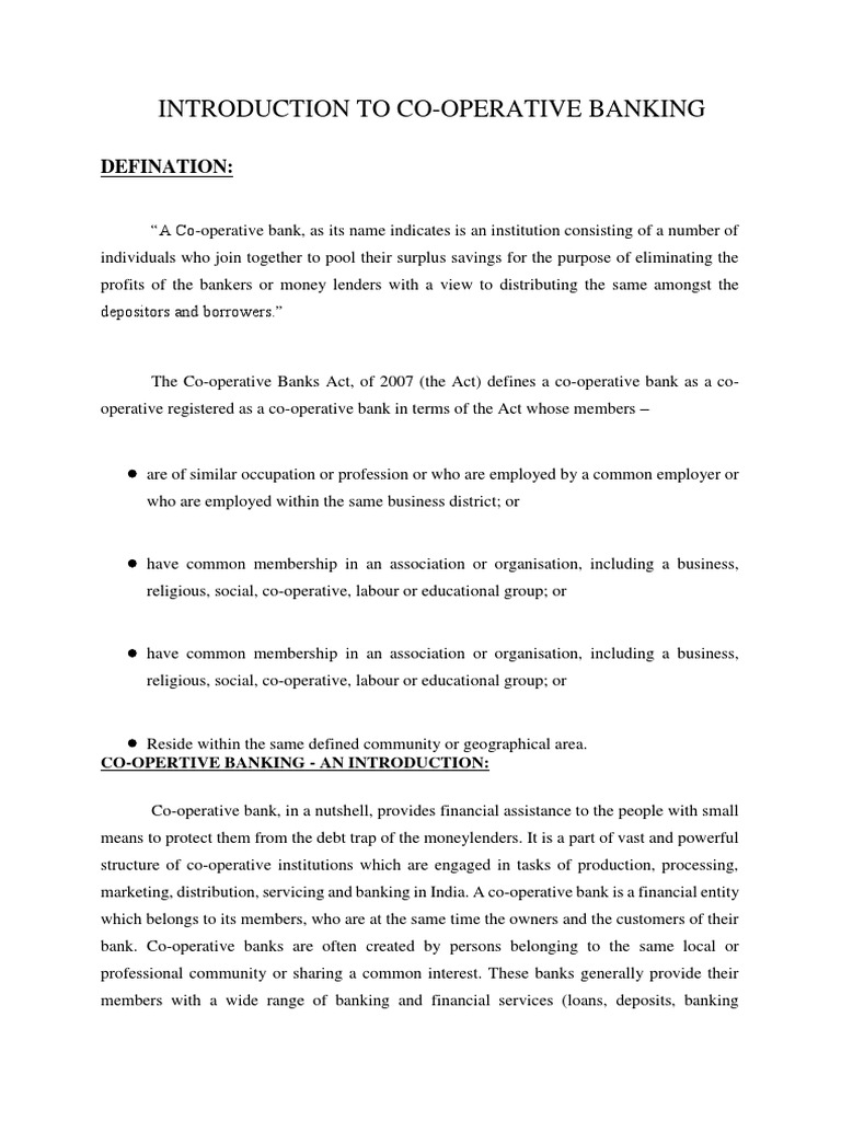Introduction To Co-Operative Banking: Defination | PDF | Cooperative ...