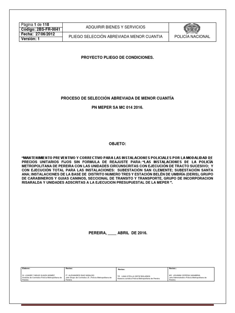 Proyecto de Pliego Definitivo Proceso - Selección - Abreviada - PN ...
