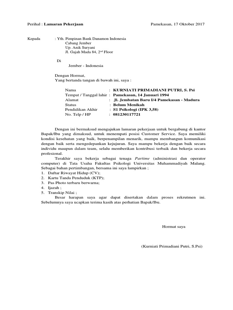 Surat Lamaran Kerja Danamon | PDF