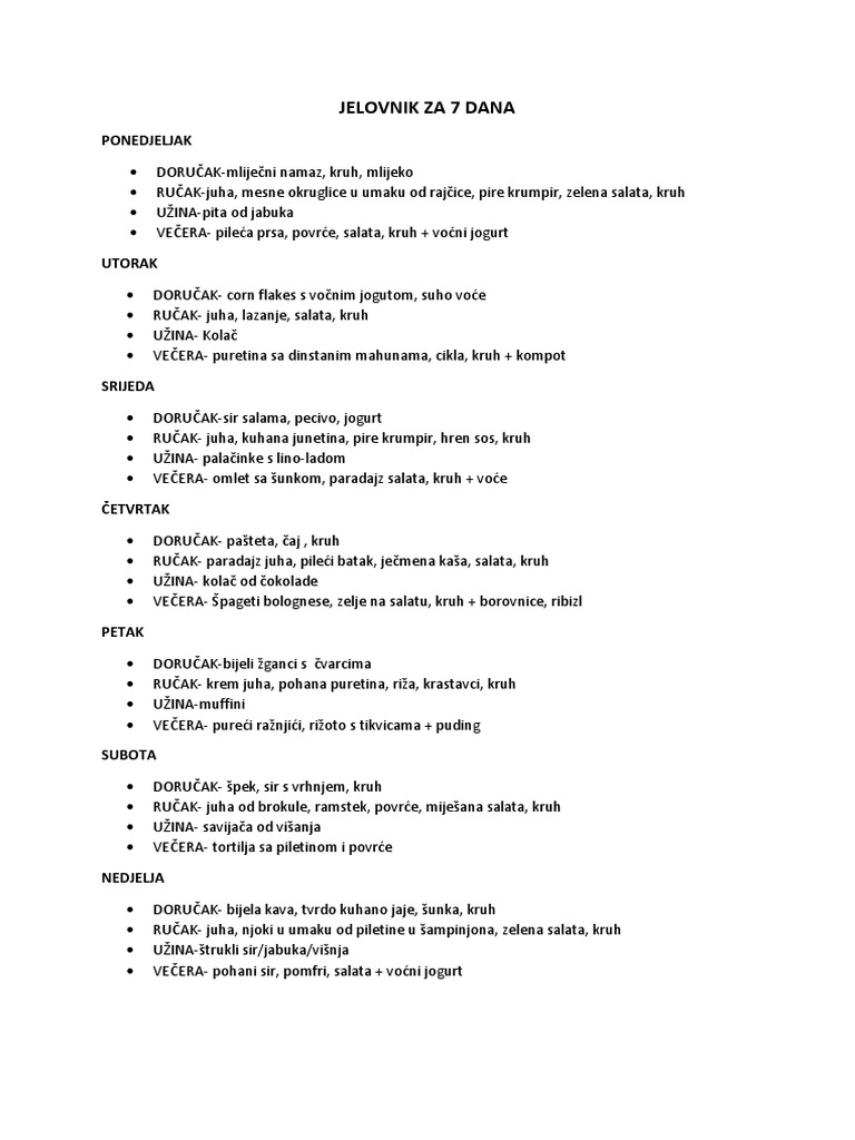 Jelovnik Za 7 Dana | PDF