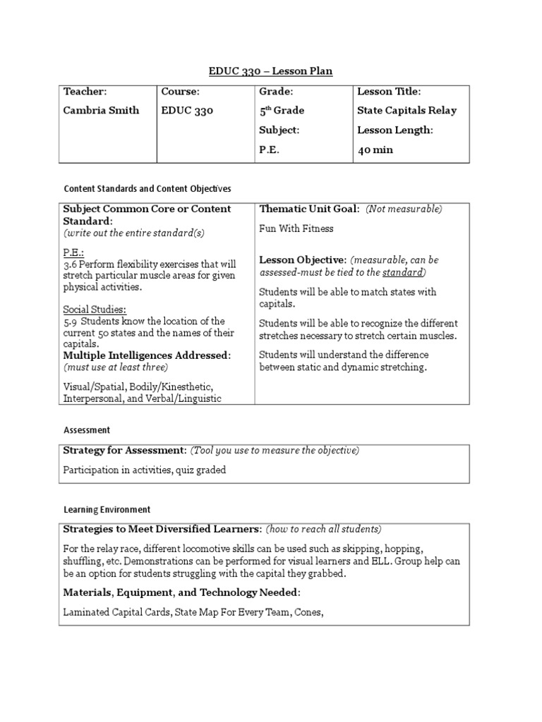 P e Lesson Plan 4 | PDF | Lesson Plan | Physical Education