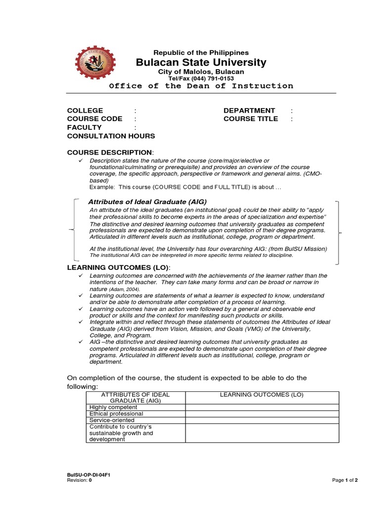 BulSU OBE Syllabus Template | Rubric (Academic) | Educational Assessment