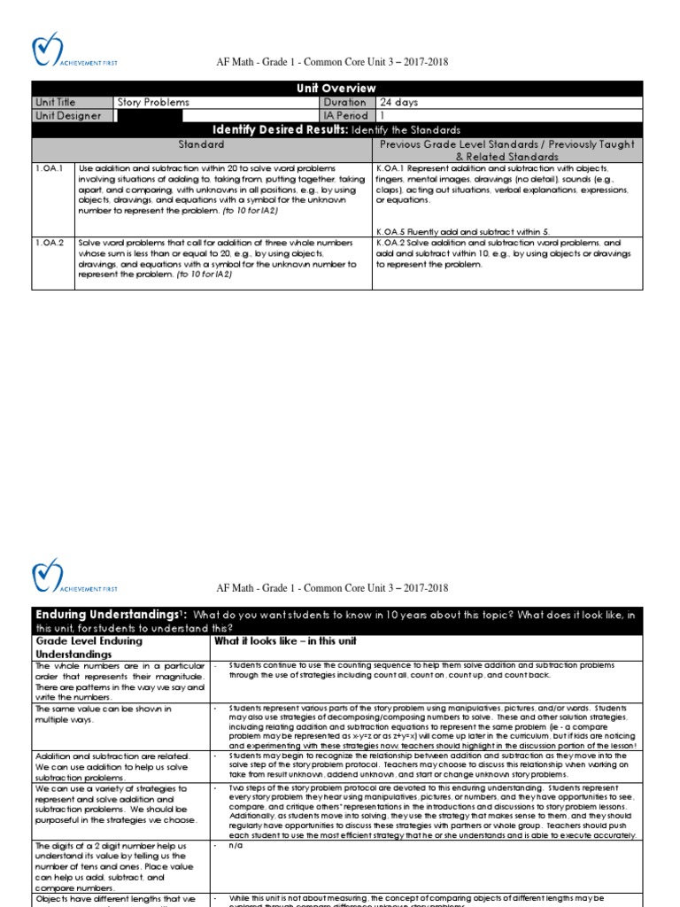 First Grade Math Unit 3 Overview | PDF | Subtraction | Common Core ...
