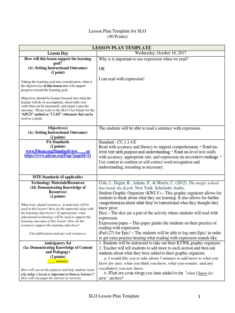 Lesson Plan Template For SLO (40 Points) | PDF | Individualized ...