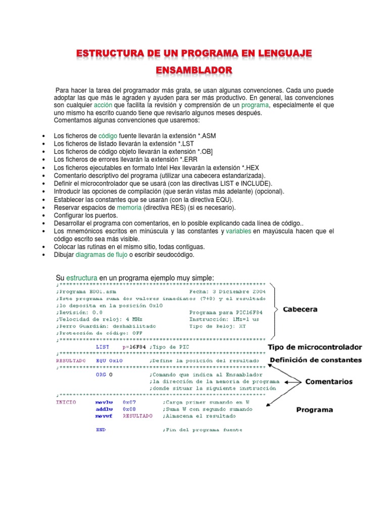 Estructura de Un Programa en Lenguaje Ensamblador | PDF | Lenguaje ensamblador | Programa de ...