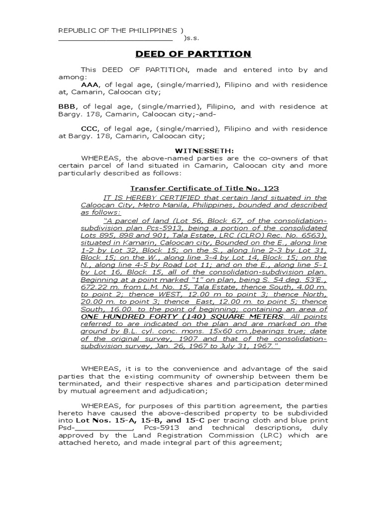 Sample Deed of Partition | PDF | Urban | Law And Economics