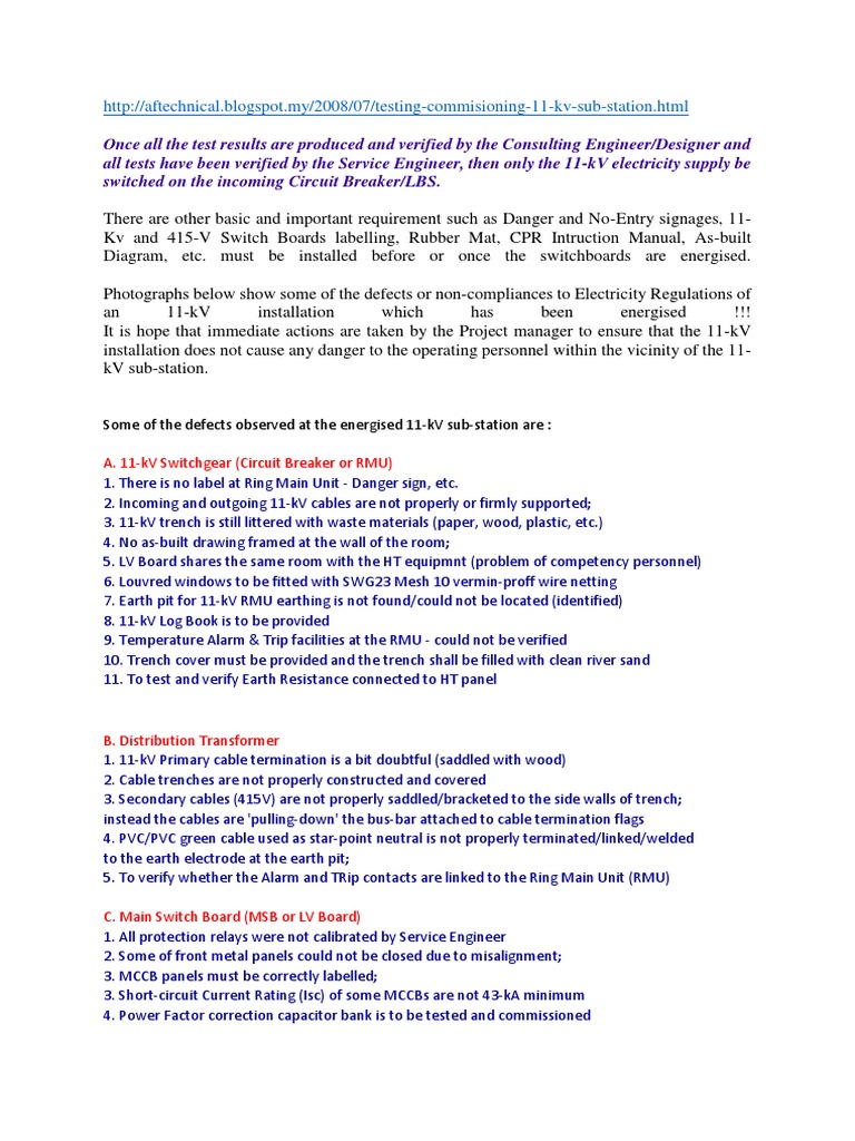 11kV Checklist | PDF | Electrical Substation | Components