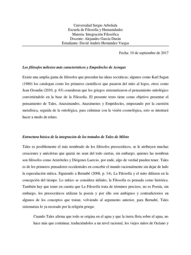 Filósofos Milesios: Tales, Anaximandro y Anaxímenes | PDF | Metafísica ...