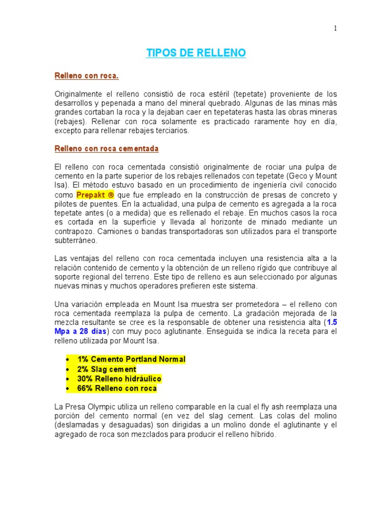 Tipos de Relleno | PDF | Cemento | Minería