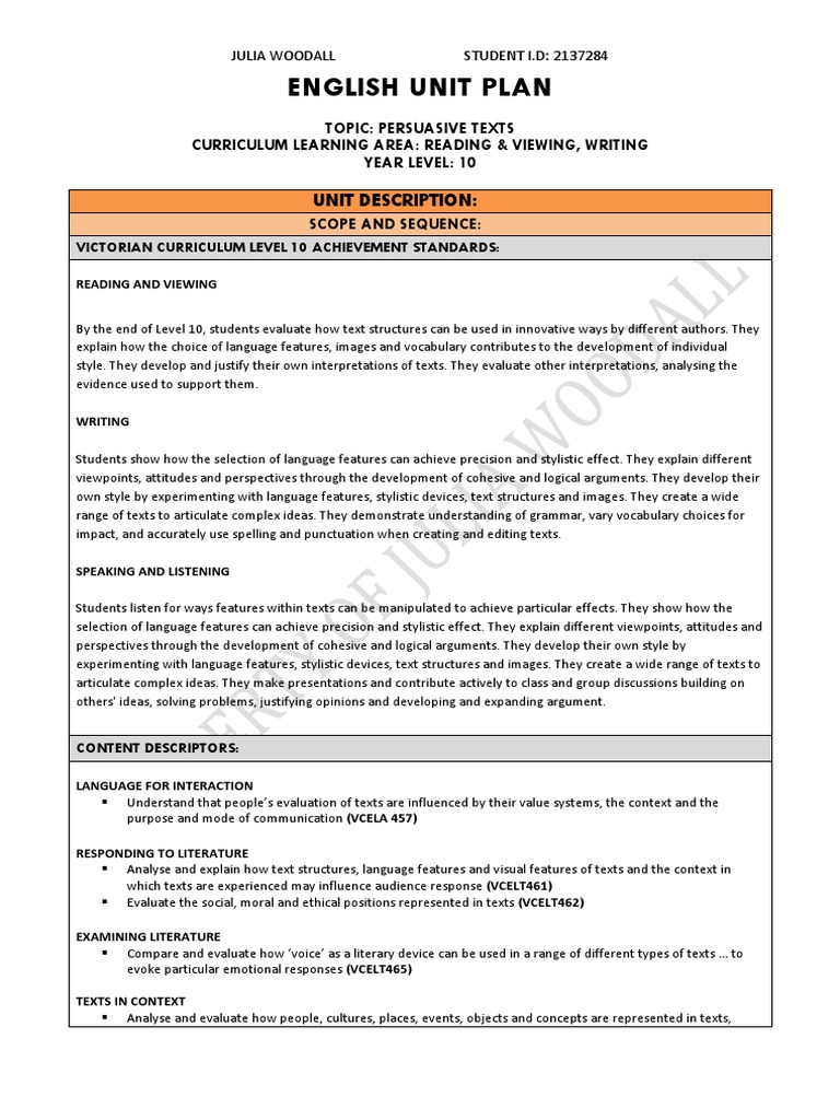 Year 10 Persuasive Text Unit Plan | PDF | Reading Comprehension ...
