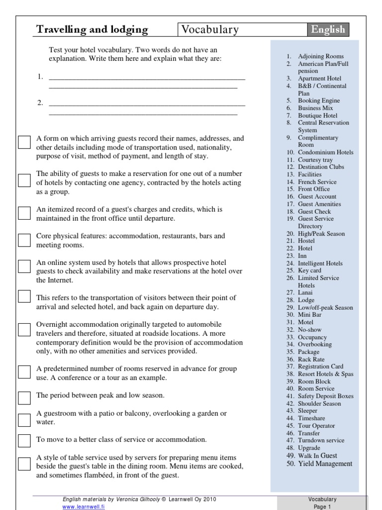 Travelling and Lodging With Answer Sheet 2010 | PDF | Motel | Hotel