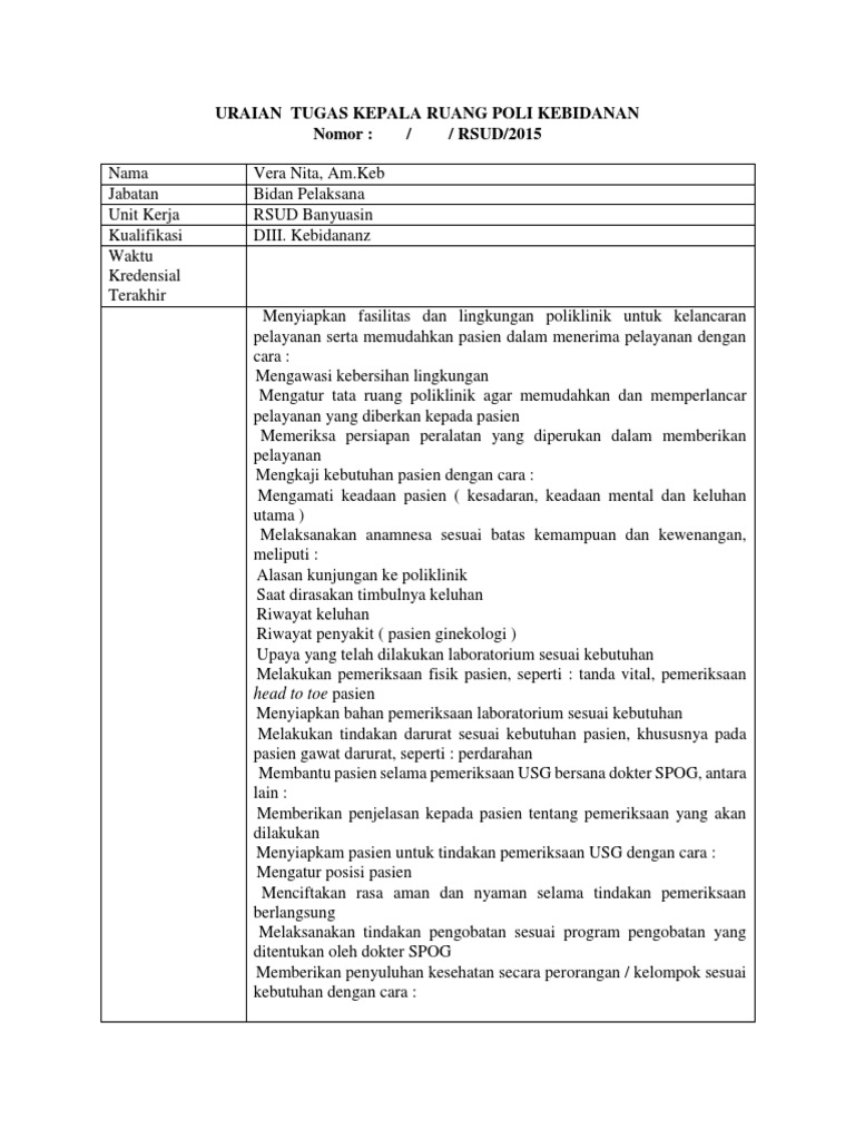 Uraian Tugas Kepala Ruang Poli Kebidanan | PDF