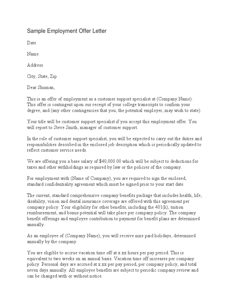 Sample Employment Offer Letter | PDF | Employee Benefits | Employment