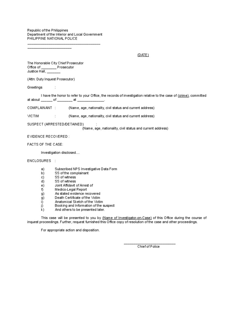 Sample Format of Case Referral | PDF | Prosecutor | Arrest