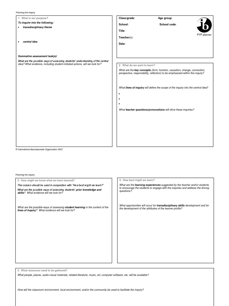 PYP Planner Blank | Educational Assessment | Learning