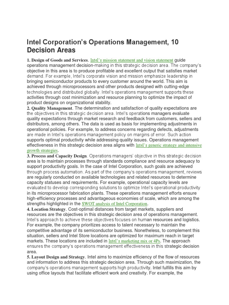 Intel Corporation's Operations Management, 10 Decision Areas | Download ...