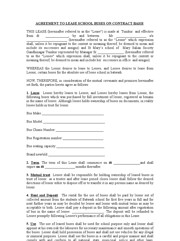 Agreement to Lease School Buses on Contract Basis | Lease | Indemnity
