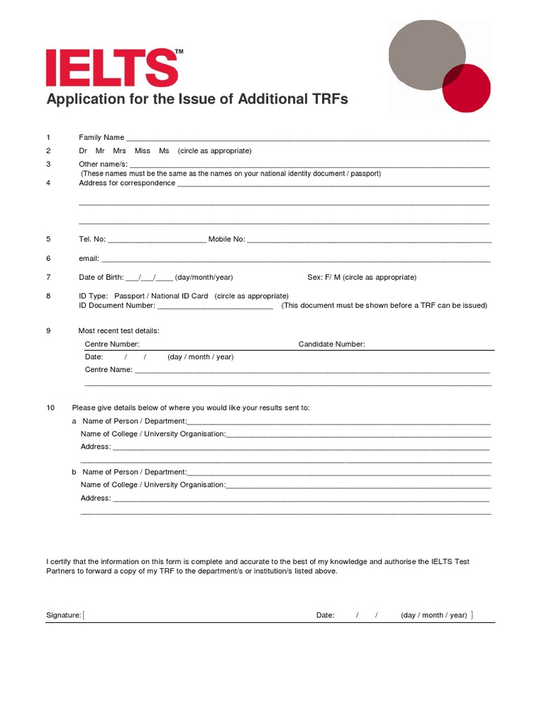 IELTS Application For The Issue of Additional TRFs | PDF | Identity Document | Privacy