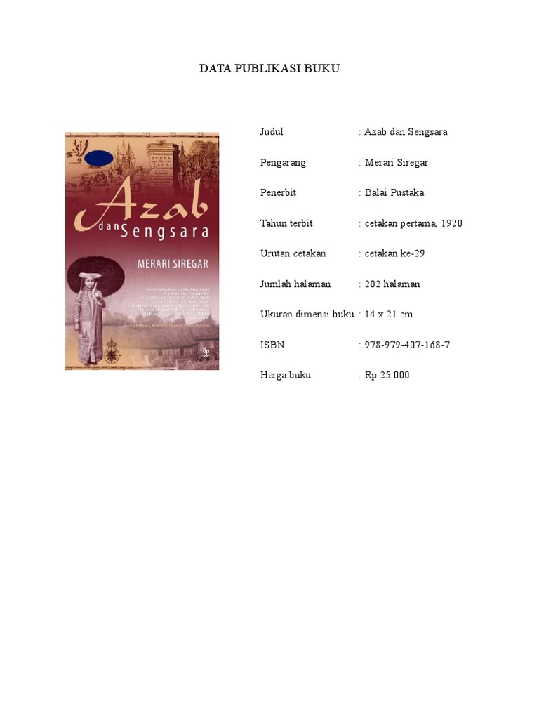 Informasi Utama Buku Fiksi Azab dan Sengsara Karya Merari Siregar | PDF