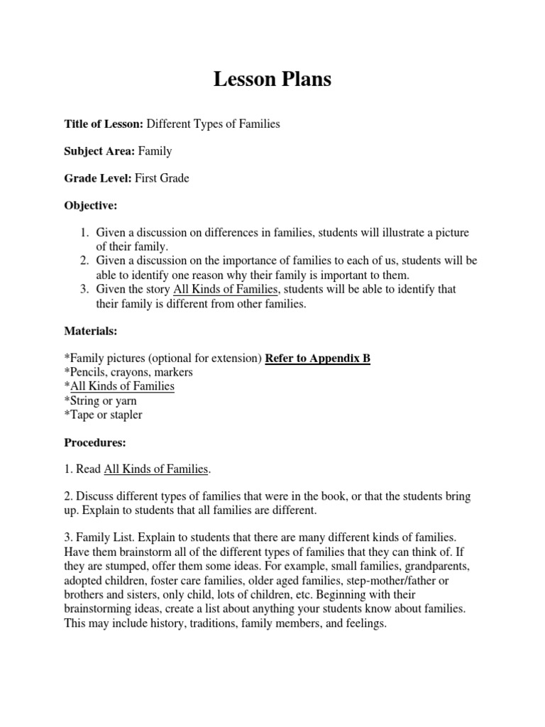 Lesson Plans: Title of Lesson: Different Types of Families Subject Area ...