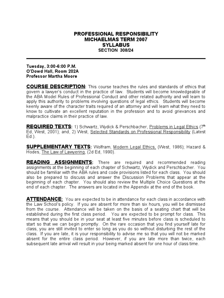 Professional Responsibility Michaelmas Term 2007 Syllabus | PDF ...