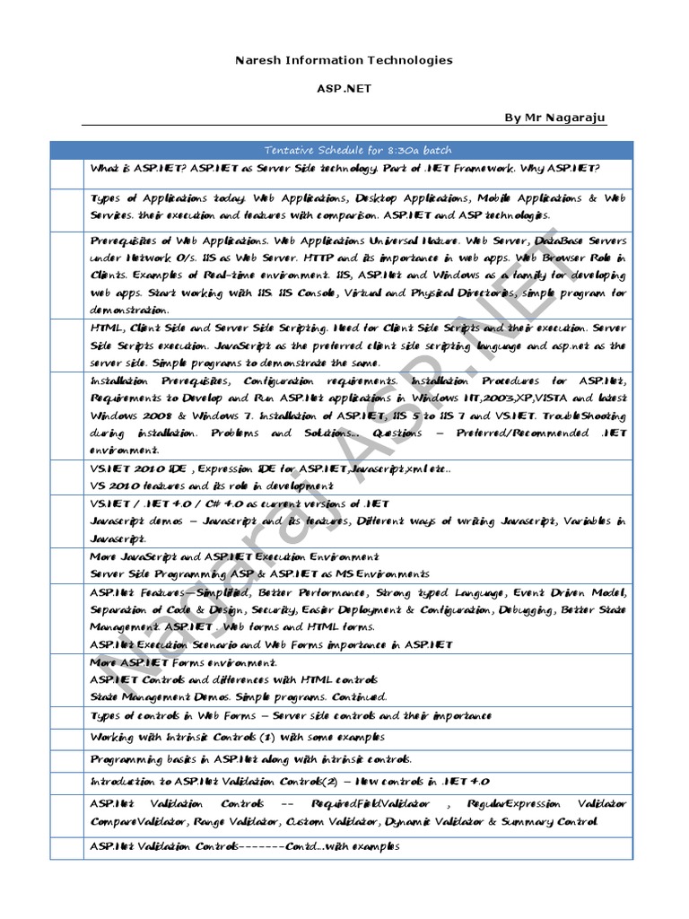 ASP Net 2010schedule | PDF | Active Server Pages | Web Application
