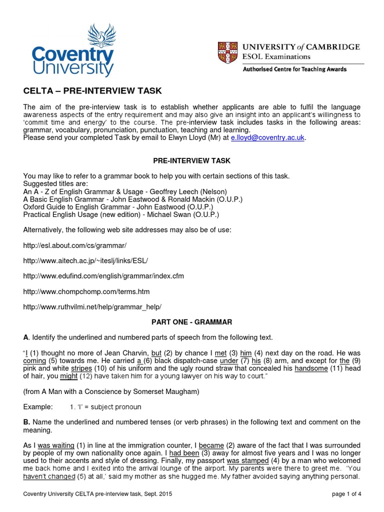Celta Pre Interview Task Sep15 | PDF | Language Education | Verb