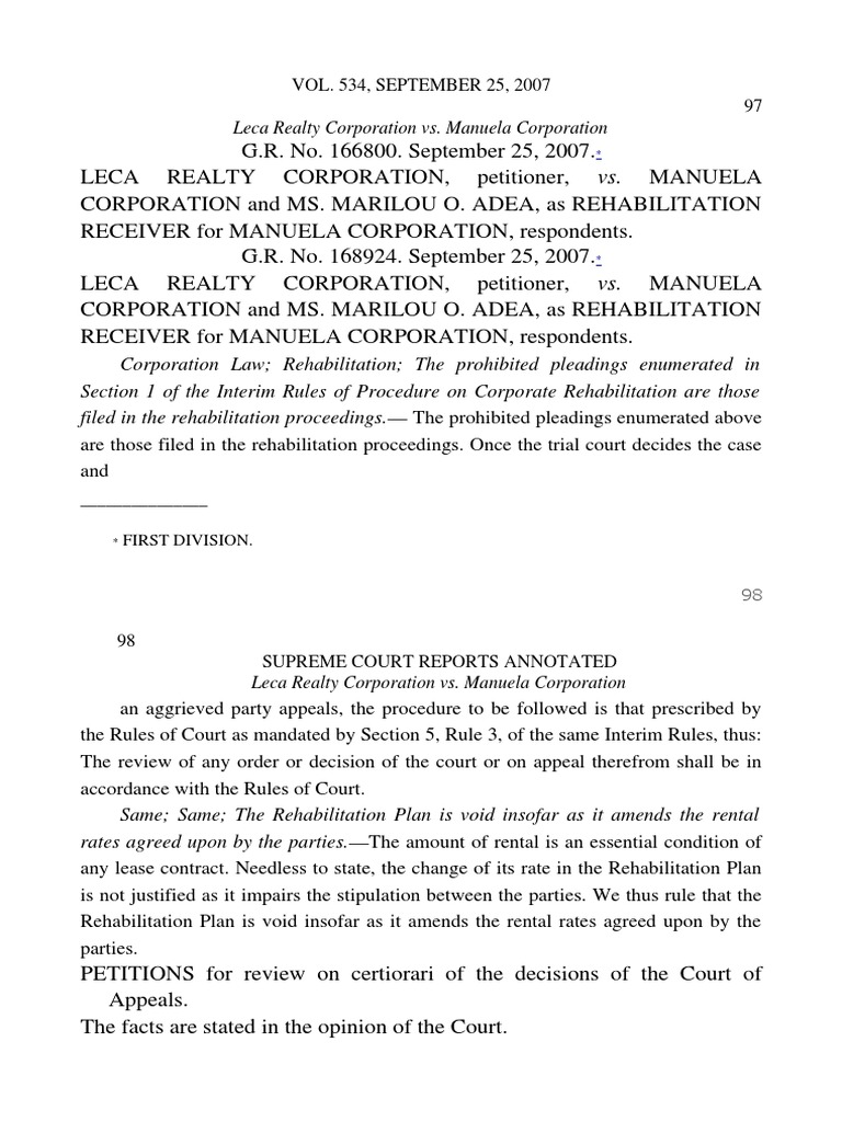 Leca Realty Corporation vs. Manuela Corporation | PDF | Pleading ...