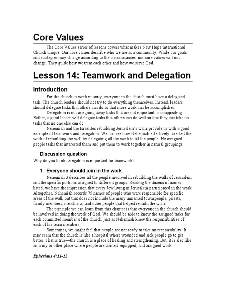 Teamwork: The Importance of Delegation (Core Values Lesson 14) | PDF ...