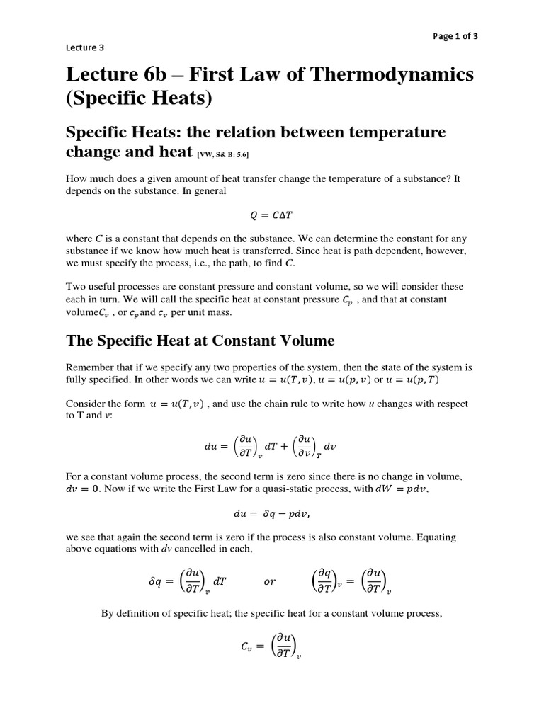Lecture 6b - First Law of Thermodynamics (Specific Heats) | PDF | Heat ...