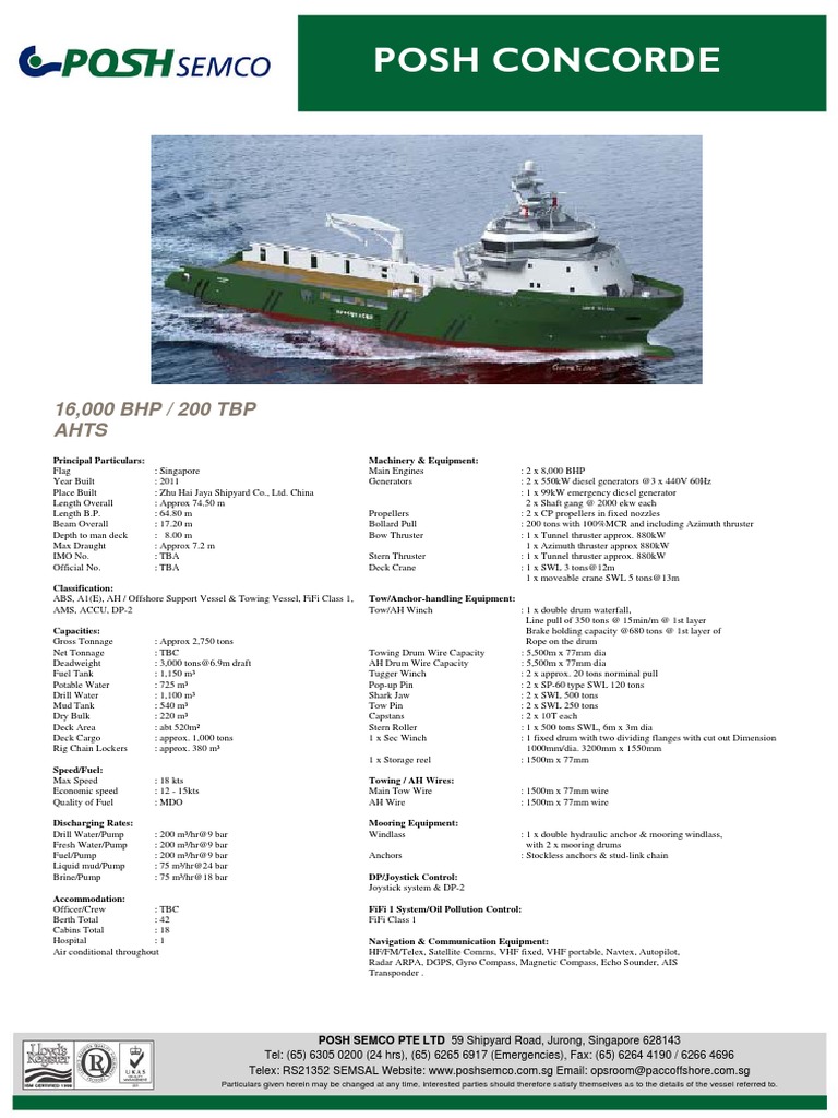 Specification and Capabilities of the 16,000 BHP AHTS Vessel POSH ...