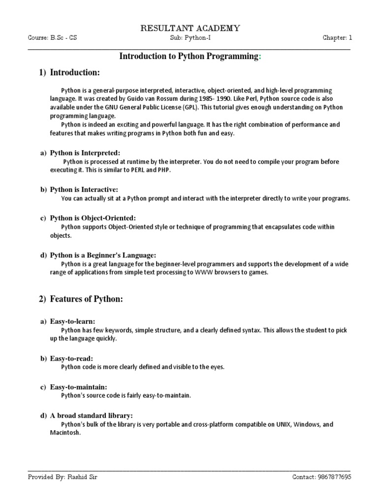 Introduction To Python Programming 1) Introduction:: Resultant Academy | Download Free PDF ...