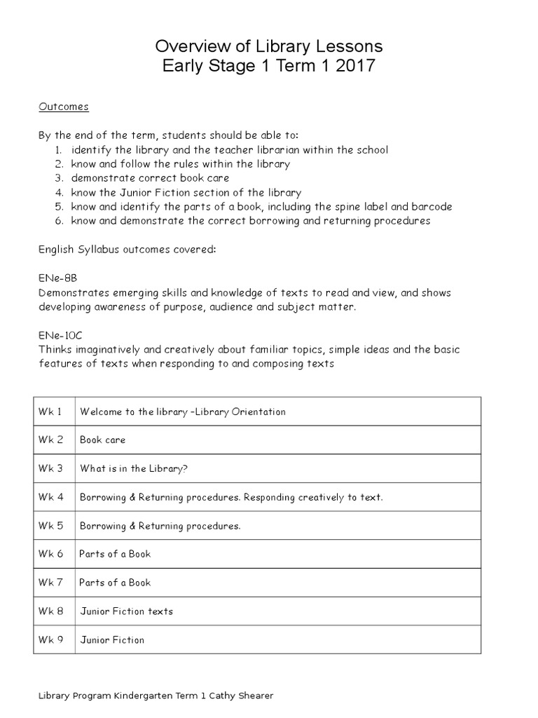 Kindergarten Library Program Overview | PDF | Libraries | Books