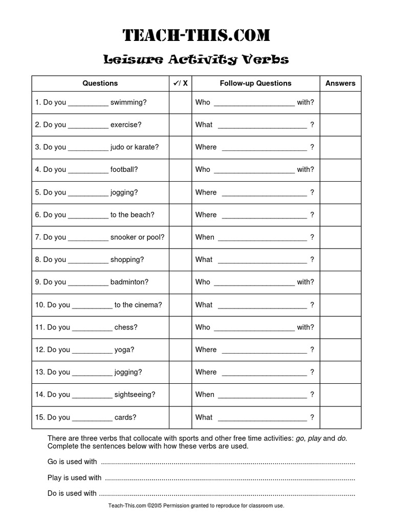 Leisure Activity Verbs | PDF | Sports | Leisure (General)