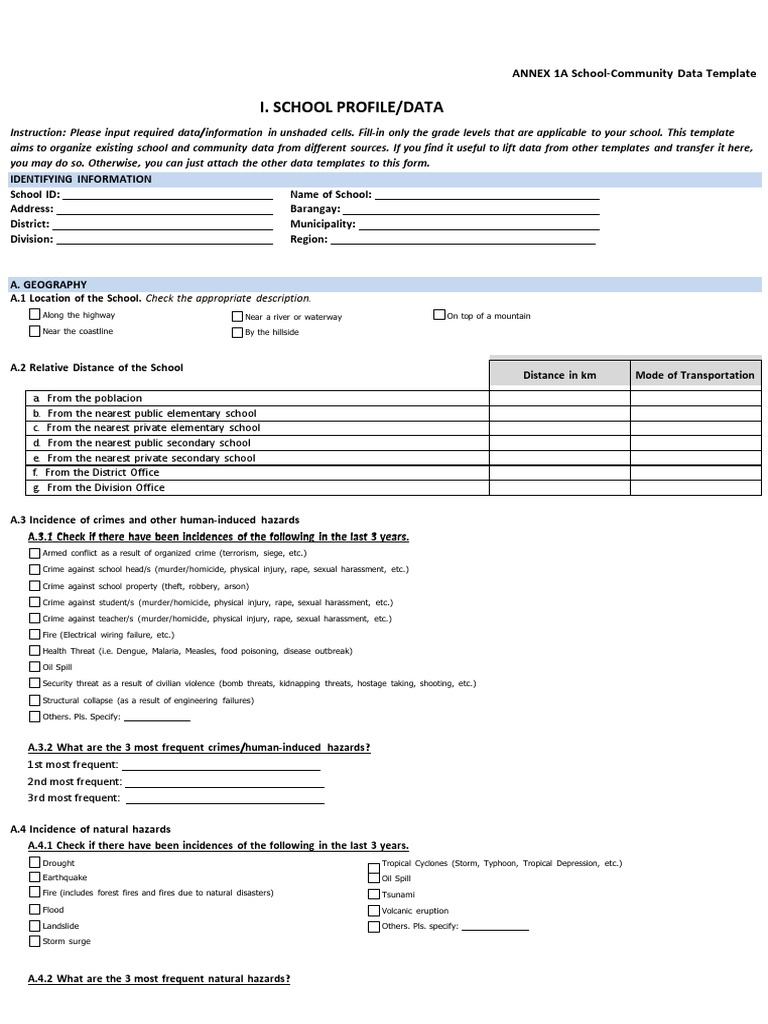 ANNEX 1A School Community Data Template | PDF | Natural Hazards | Hazards