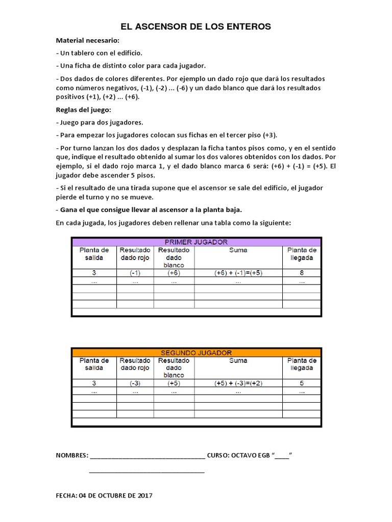 Tabla Juego Ascensor | PDF