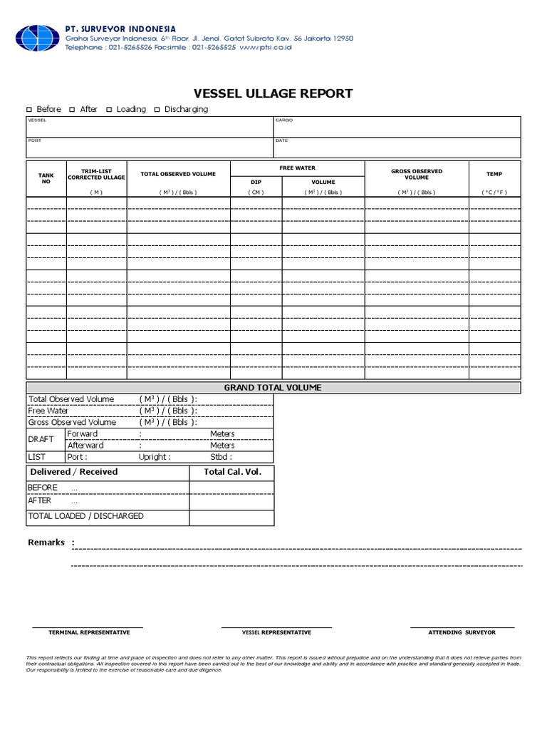 Vessel Ullage Report | Ships | Shipping